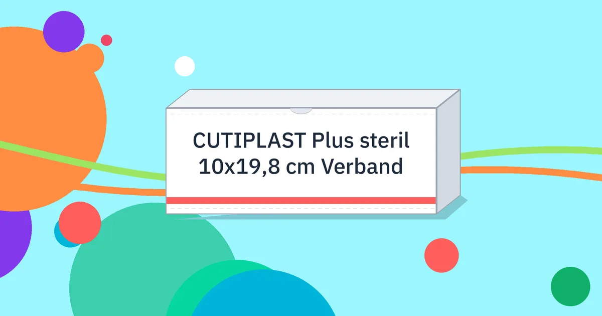 Symbolbild: Packung mit der Aufschrift CUTIPLAST Plus steril 10x19,8 cm Verband (PZN 10230468) – Verfügbarkeit und Bezug in Apotheken in Frankfurt am Main