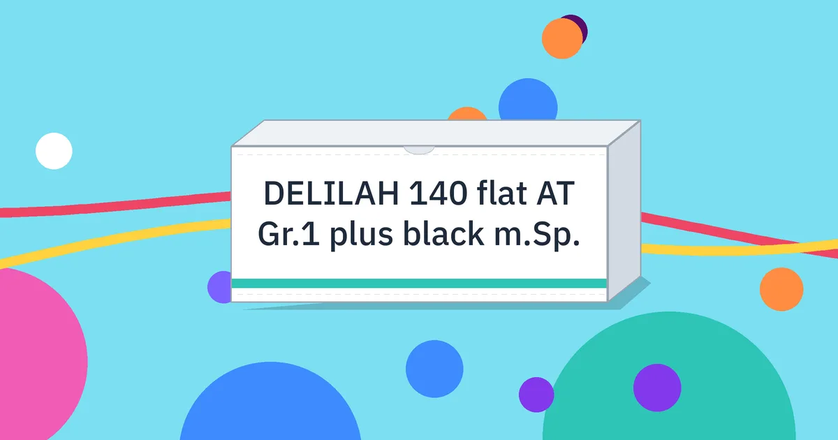 Symbolbild: Packung mit der Aufschrift DELILAH 140 flat AT Gr.1 plus black m.Sp. (PZN 14247939) – Verfügbarkeit und Bezug in Apotheken in Frankfurt am Main