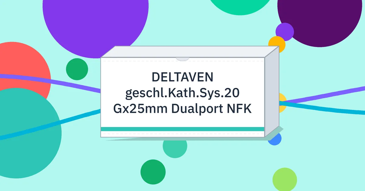 Symbolbild: Packung mit der Aufschrift DELTAVEN geschl.Kath.Sys.20 Gx25mm Dualport NFK (PZN 13977713) – Verfügbarkeit und Bezug in Apotheken in Frankfurt am Main