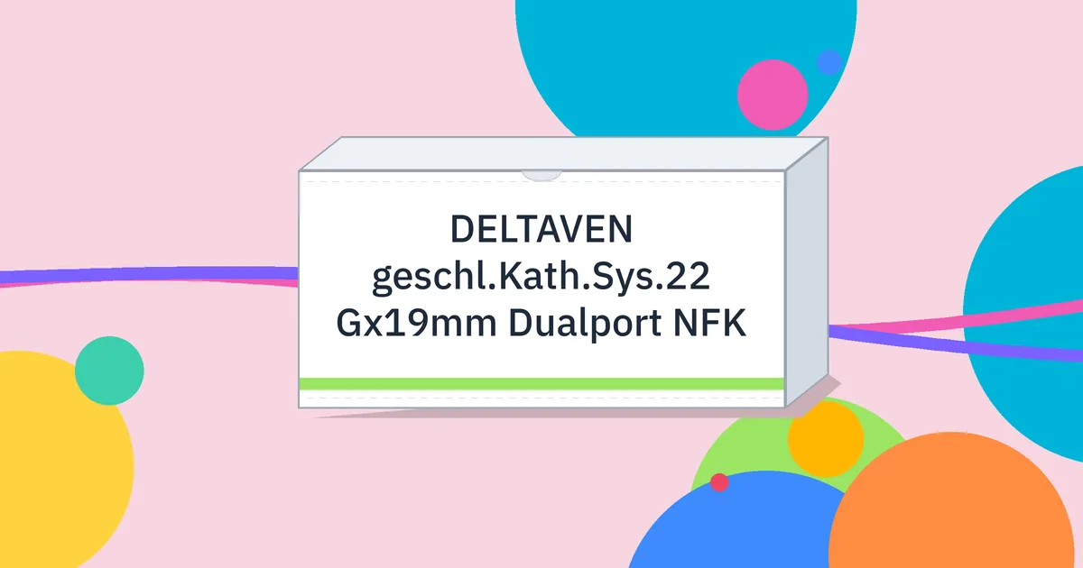 Symbolbild: Packung mit der Aufschrift DELTAVEN geschl.Kath.Sys.22 Gx19mm Dualport NFK (PZN 13977699) – Verfügbarkeit und Bezug in Apotheken in Frankfurt am Main