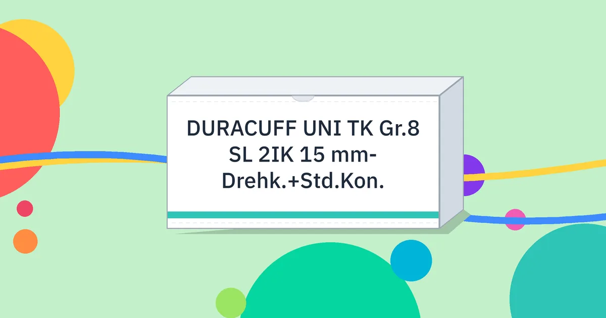 Symbolbild: Packung mit der Aufschrift DURACUFF UNI TK Gr.8 SL 2IK 15 mm-Drehk.+Std.Kon. (PZN 04958510) – Verfügbarkeit und Bezug in Apotheken in Frankfurt am Main