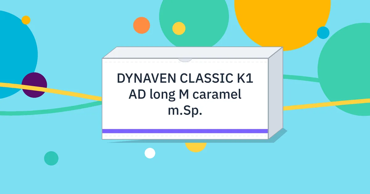 Symbolbild: Packung mit der Aufschrift DYNAVEN CLASSIC K1 AD long M caramel m.Sp. (PZN 18414883) – Verfügbarkeit und Bezug in Apotheken in Frankfurt am Main