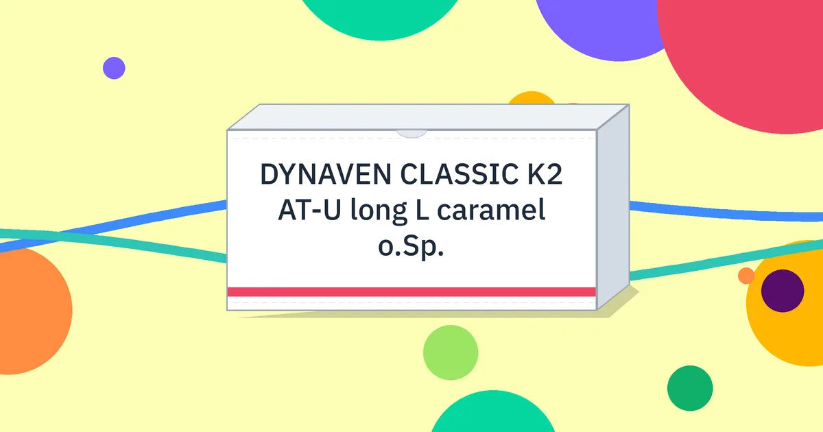 Symbolbild: Packung mit der Aufschrift DYNAVEN CLASSIC K2 AT-U long L caramel o.Sp. (PZN 18419662) – Verfügbarkeit und Bezug in Apotheken in Frankfurt am Main