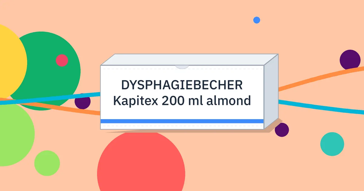 Symbolbild: Packung mit der Aufschrift DYSPHAGIEBECHER Kapitex 200 ml almond (PZN 17382141) – Verfügbarkeit und Bezug in Apotheken in Frankfurt am Main