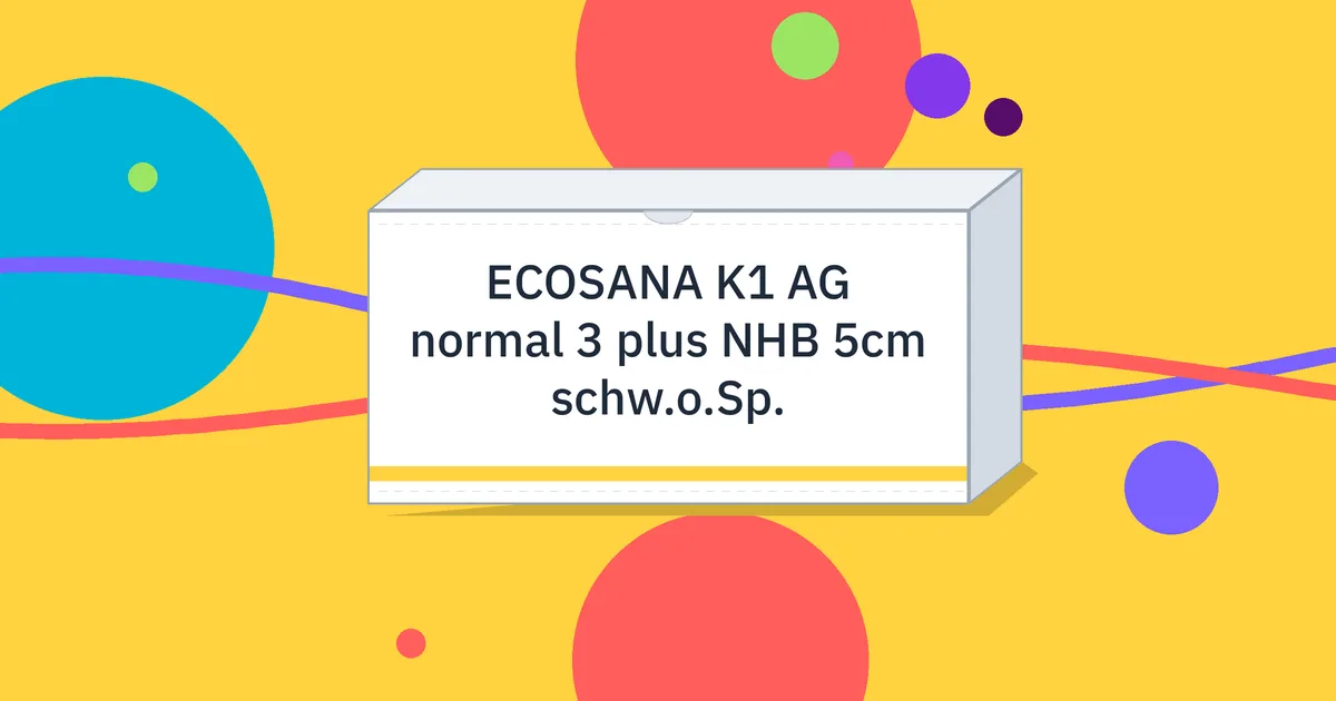 Symbolbild: Packung mit der Aufschrift ECOSANA K1 AG normal 3 plus NHB 5cm schw.o.Sp. (PZN 04727288) – Verfügbarkeit und Bezug in Apotheken in Frankfurt am Main
