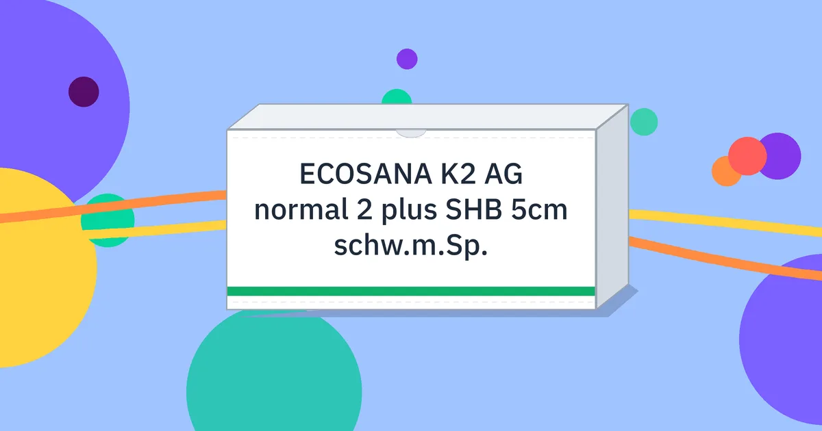 Symbolbild: Packung mit der Aufschrift ECOSANA K2 AG normal 2 plus SHB 5cm schw.m.Sp. (PZN 01387515) – Verfügbarkeit und Bezug in Apotheken in Frankfurt am Main