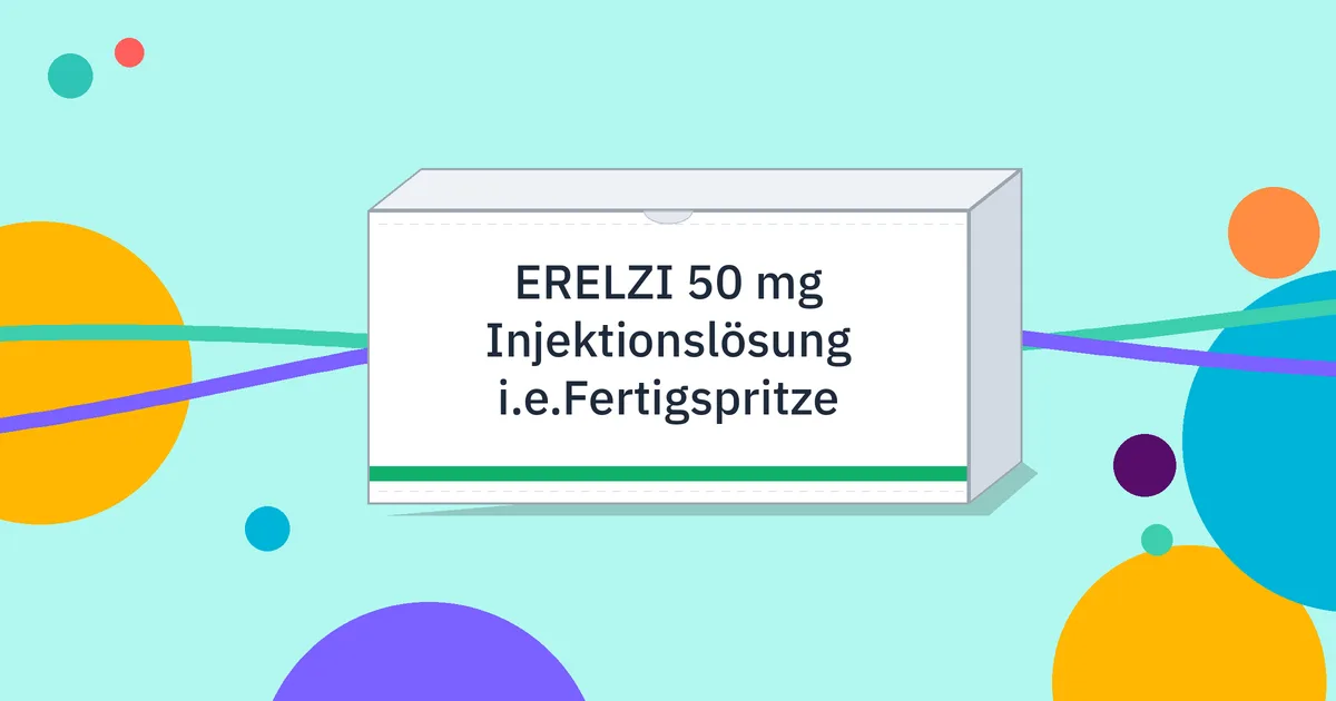 Symbolbild: Packung mit der Aufschrift ERELZI 50 mg Injektionslösung i.e.Fertigspritze (PZN 18492848) – Verfügbarkeit und Bezug in Apotheken in Frankfurt am Main