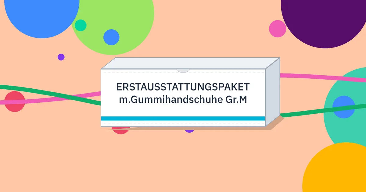 Symbolbild: Packung mit der Aufschrift ERSTAUSSTATTUNGSPAKET m.Gummihandschuhe Gr.M (PZN 14409945) – Verfügbarkeit und Bezug in Apotheken in Frankfurt am Main