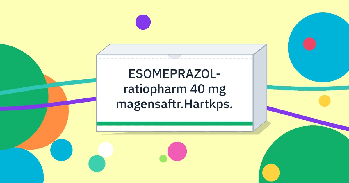 Symbolbild: Packung mit der Aufschrift ESOMEPRAZOL-ratiopharm 40 mg magensaftr.Hartkps. (PZN 06456818) – Verfügbarkeit und Bezug in Apotheken in Frankfurt am Main