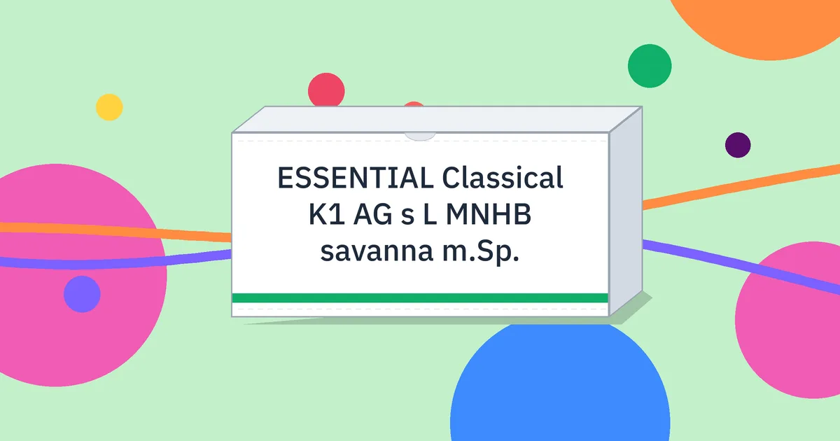Symbolbild: Packung mit der Aufschrift ESSENTIAL Classical K1 AG s L MNHB savanna m.Sp. (PZN 19320612) – Verfügbarkeit und Bezug in Apotheken in Frankfurt am Main