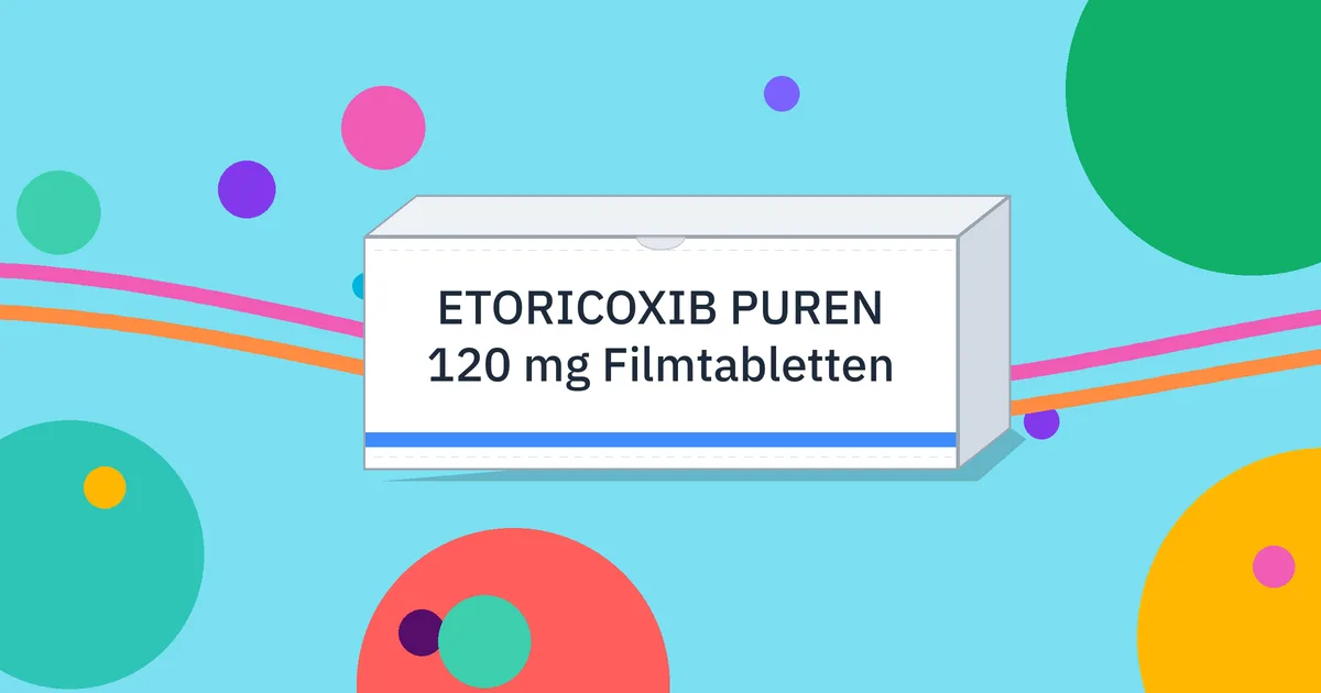 Symbolbild: Packung mit der Aufschrift ETORICOXIB PUREN 120 mg Filmtabletten (PZN 12361789) – Verfügbarkeit und Bezug in Apotheken in Frankfurt am Main