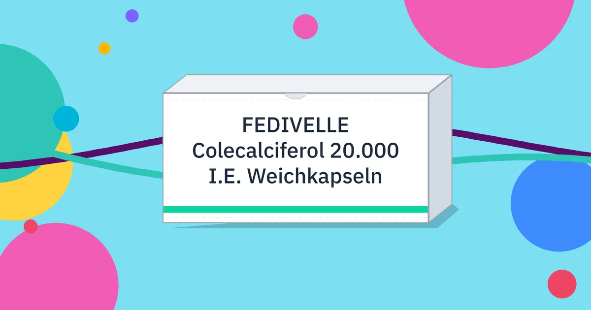 Symbolbild: Packung mit der Aufschrift FEDIVELLE Colecalciferol 20.000 I.E. Weichkapseln (PZN 17315015) – Verfügbarkeit und Bezug in Apotheken in Frankfurt am Main