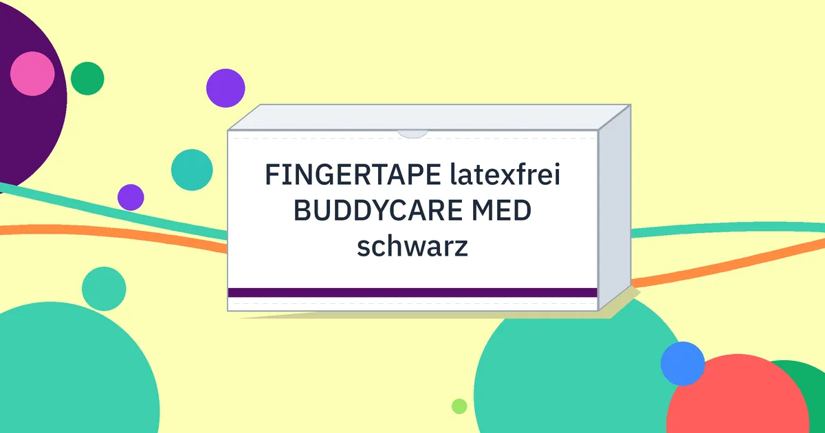 Symbolbild: Packung mit der Aufschrift FINGERTAPE latexfrei BUDDYCARE MED schwarz (PZN 13925136) – Verfügbarkeit und Bezug in Apotheken in Frankfurt am Main