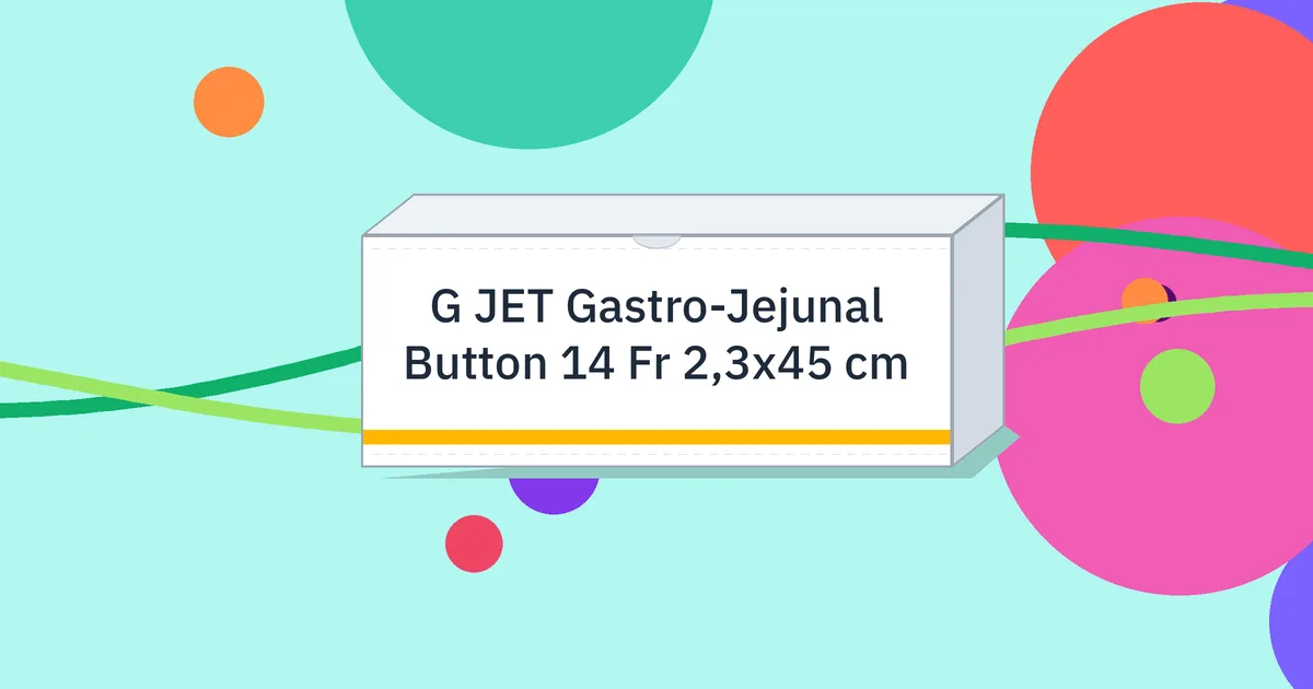 Symbolbild: Packung mit der Aufschrift G JET Gastro-Jejunal Button 14 Fr 2,3x45 cm (PZN 14346558) – Verfügbarkeit und Bezug in Apotheken in Frankfurt am Main