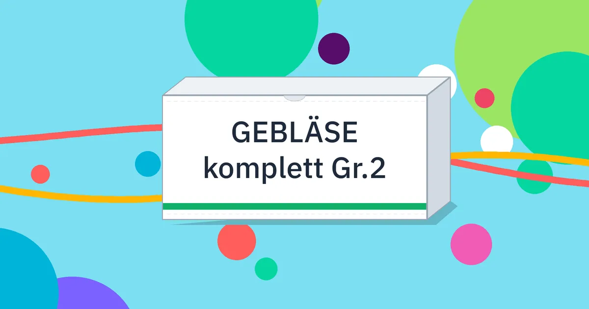 Symbolbild: Packung mit der Aufschrift GEBLÄSE komplett Gr.2 (PZN 01962474) – Verfügbarkeit und Bezug in Apotheken in Frankfurt am Main