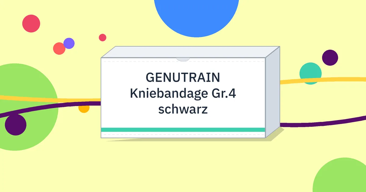 Symbolbild: Packung mit der Aufschrift GENUTRAIN Kniebandage Gr.4 schwarz (PZN 07551507) – Verfügbarkeit und Bezug in Apotheken in Frankfurt am Main