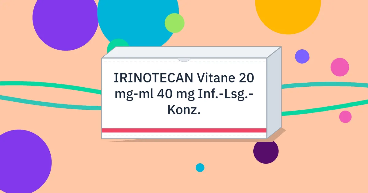 Symbolbild: Packung mit der Aufschrift IRINOTECAN Vitane 20 mg-ml 40 mg Inf.-Lsg.-Konz. (PZN 11721984) – Verfügbarkeit und Bezug in Apotheken in Frankfurt am Main