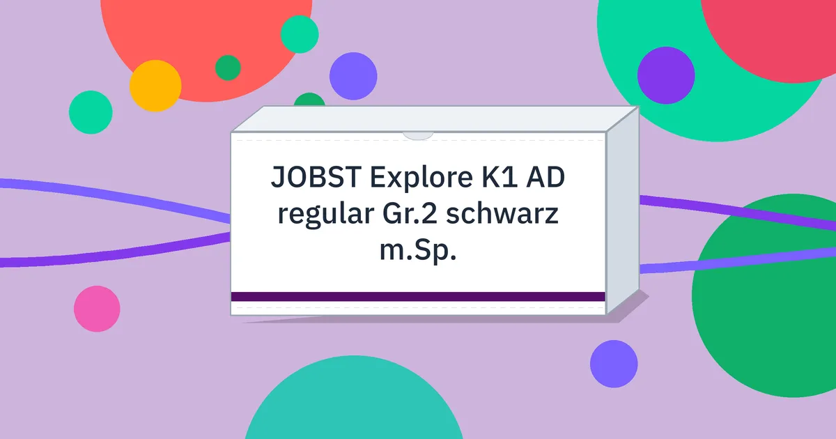 Symbolbild: Packung mit der Aufschrift JOBST Explore K1 AD regular Gr.2 schwarz m.Sp. (PZN 11021703) – Verfügbarkeit und Bezug in Apotheken in Frankfurt am Main