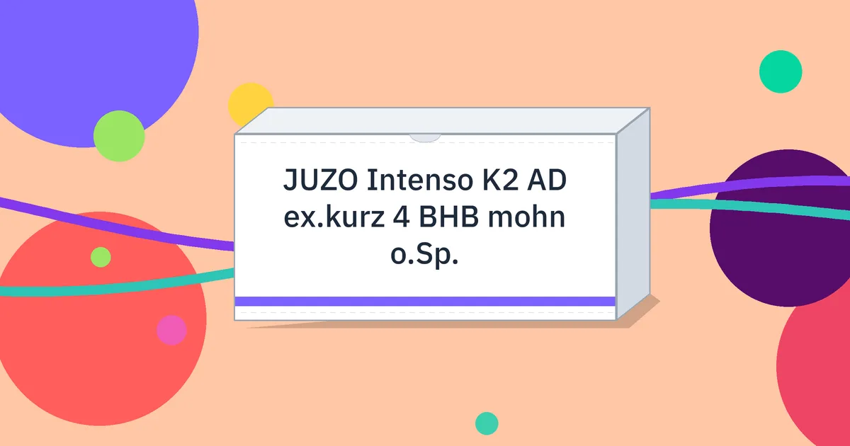 Symbolbild: Packung mit der Aufschrift JUZO Intenso K2 AD ex.kurz 4 BHB mohn o.Sp. (PZN 18625858) – Verfügbarkeit und Bezug in Apotheken in Frankfurt am Main
