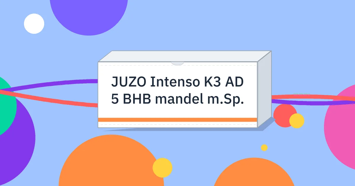 Symbolbild: Packung mit der Aufschrift JUZO Intenso K3 AD 5 BHB mandel m.Sp. (PZN 18634567) – Verfügbarkeit und Bezug in Apotheken in Frankfurt am Main