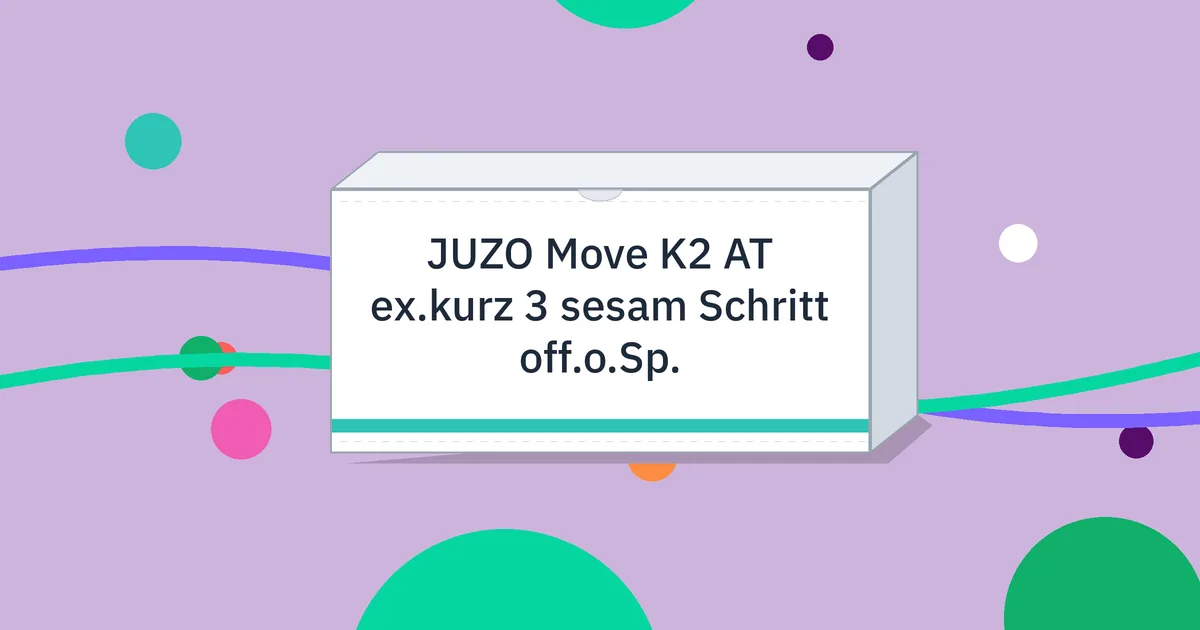 Symbolbild: Packung mit der Aufschrift JUZO Move K2 AT ex.kurz 3 sesam Schritt off.o.Sp. (PZN 20672776) – Verfügbarkeit und Bezug in Apotheken in Frankfurt am Main