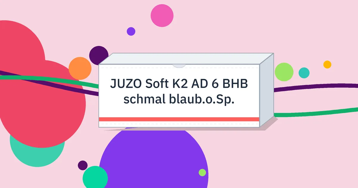 Symbolbild: Packung mit der Aufschrift JUZO Soft K2 AD 6 BHB schmal blaub.o.Sp. (PZN 15467198) – Verfügbarkeit und Bezug in Apotheken in Frankfurt am Main