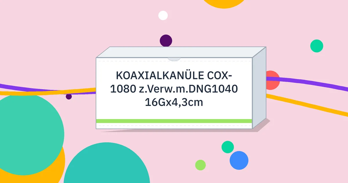 Symbolbild: Packung mit der Aufschrift KOAXIALKANÜLE COX-1080 z.Verw.m.DNG1040 16Gx4,3cm (PZN 00284635) – Verfügbarkeit und Bezug in Apotheken in Frankfurt am Main