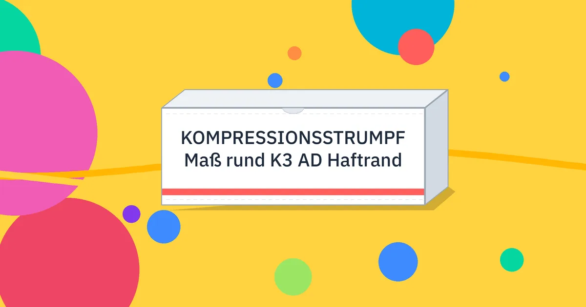 Symbolbild: Packung mit der Aufschrift KOMPRESSIONSSTRUMPF Maß rund K3 AD Haftrand (PZN 04773265) – Verfügbarkeit und Bezug in Apotheken in Frankfurt am Main