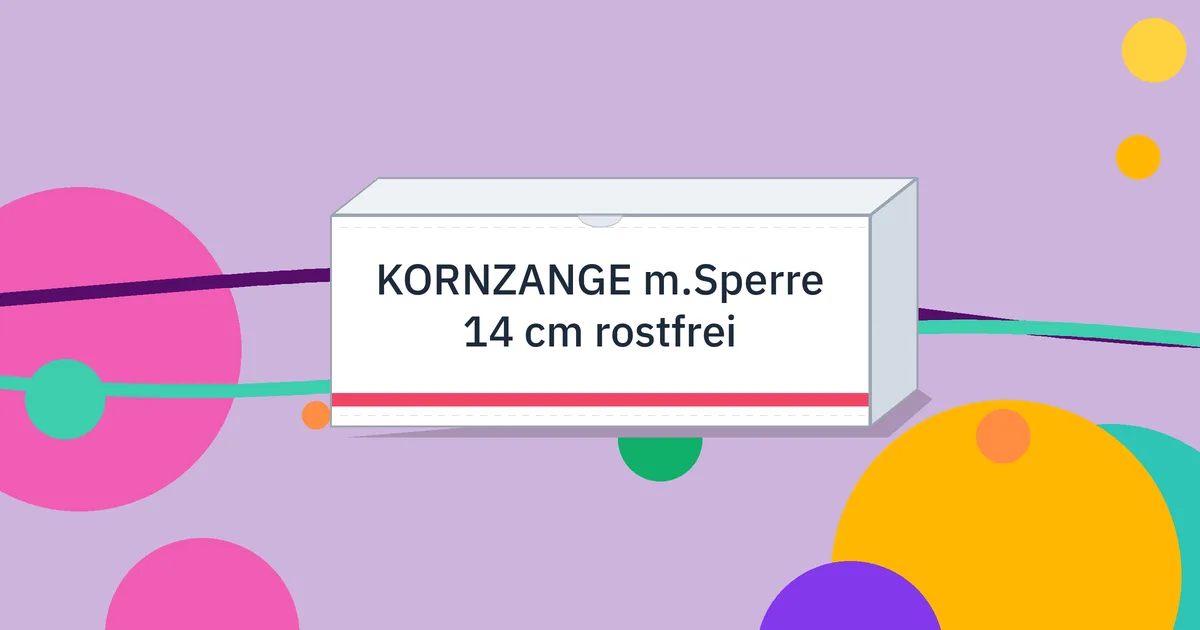 Symbolbild: Packung mit der Aufschrift KORNZANGE m.Sperre 14 cm rostfrei (PZN 04841736) – Verfügbarkeit und Bezug in Apotheken in Frankfurt am Main