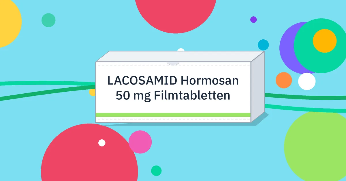 Symbolbild: Packung mit der Aufschrift LACOSAMID Hormosan 50 mg Filmtabletten (PZN 17941824) – Verfügbarkeit und Bezug in Apotheken in Frankfurt am Main