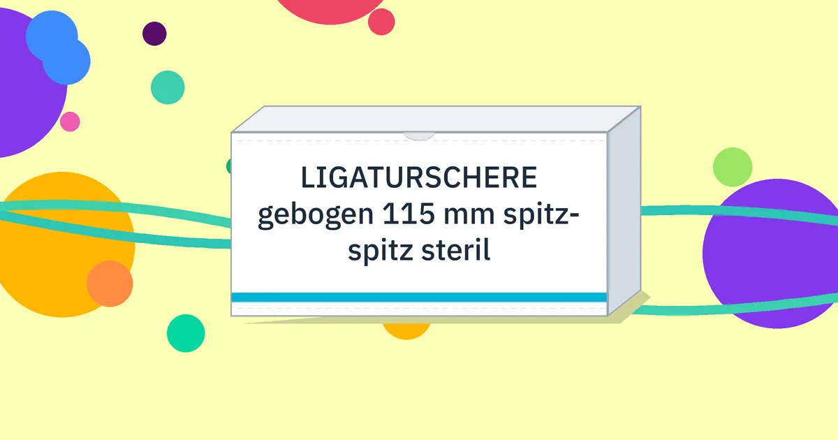 Symbolbild: Packung mit der Aufschrift LIGATURSCHERE gebogen 115 mm spitz-spitz steril (PZN 19978151) – Verfügbarkeit und Bezug in Apotheken in Frankfurt am Main