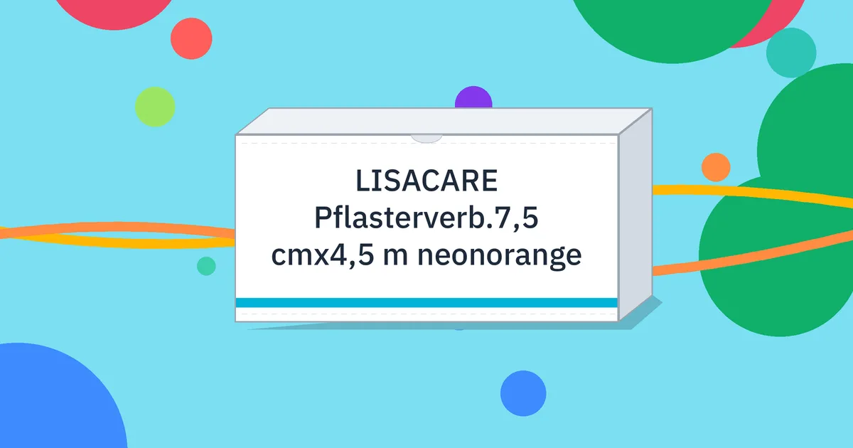 Symbolbild: Packung mit der Aufschrift LISACARE Pflasterverb.7,5 cmx4,5 m neonorange (PZN 17892623) – Verfügbarkeit und Bezug in Apotheken in Frankfurt am Main