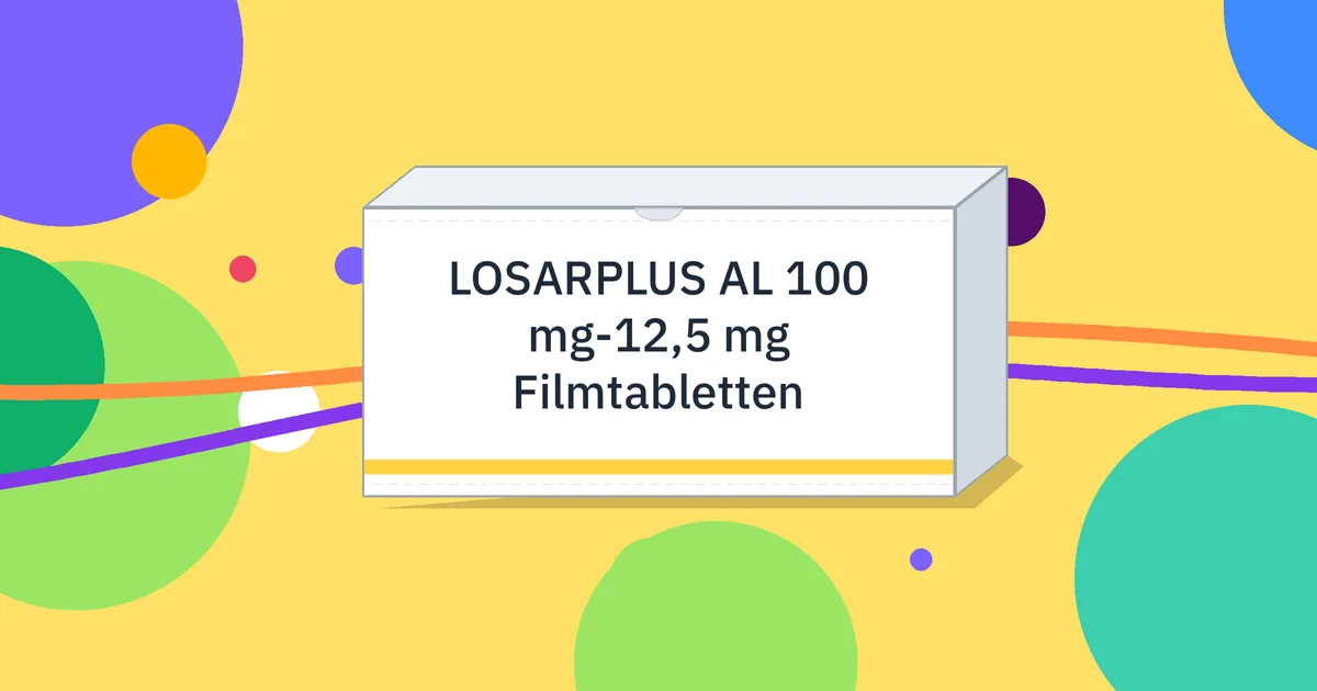 Symbolbild: Packung mit der Aufschrift LOSARPLUS AL 100 mg-12,5 mg Filmtabletten (PZN 01633322) – Verfügbarkeit und Bezug in Apotheken in Frankfurt am Main