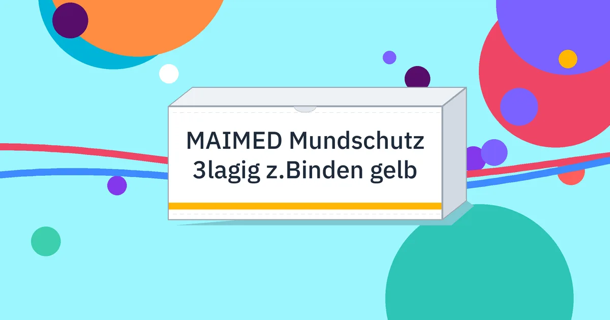 Symbolbild: Packung mit der Aufschrift MAIMED Mundschutz 3lagig z.Binden gelb (PZN 05467518) – Verfügbarkeit und Bezug in Apotheken in Frankfurt am Main