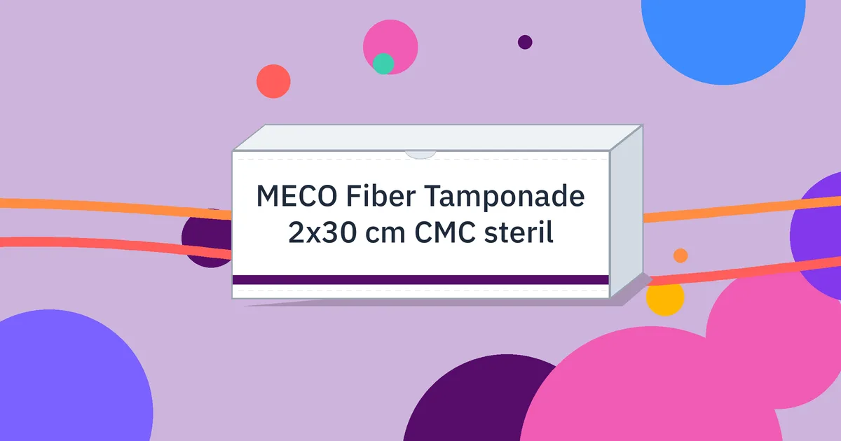 Symbolbild: Packung mit der Aufschrift MECO Fiber Tamponade 2x30 cm CMC steril (PZN 20084861) – Verfügbarkeit und Bezug in Apotheken in Frankfurt am Main