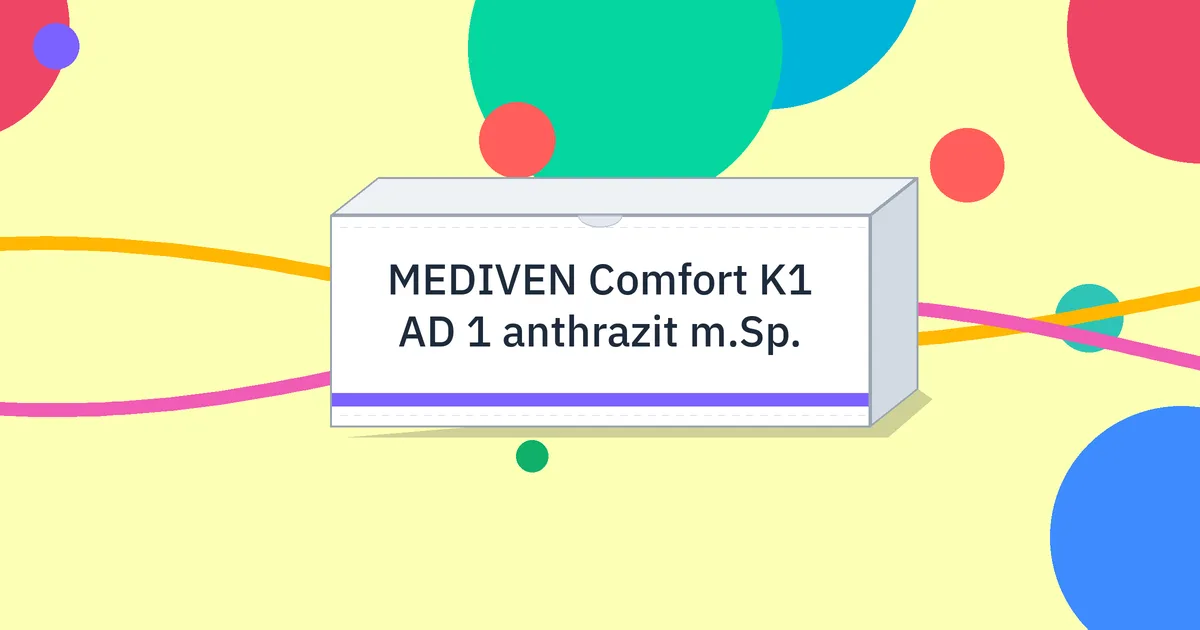 Symbolbild: Packung mit der Aufschrift MEDIVEN Comfort K1 AD 1 anthrazit m.Sp. (PZN 14558645) – Verfügbarkeit und Bezug in Apotheken in Frankfurt am Main