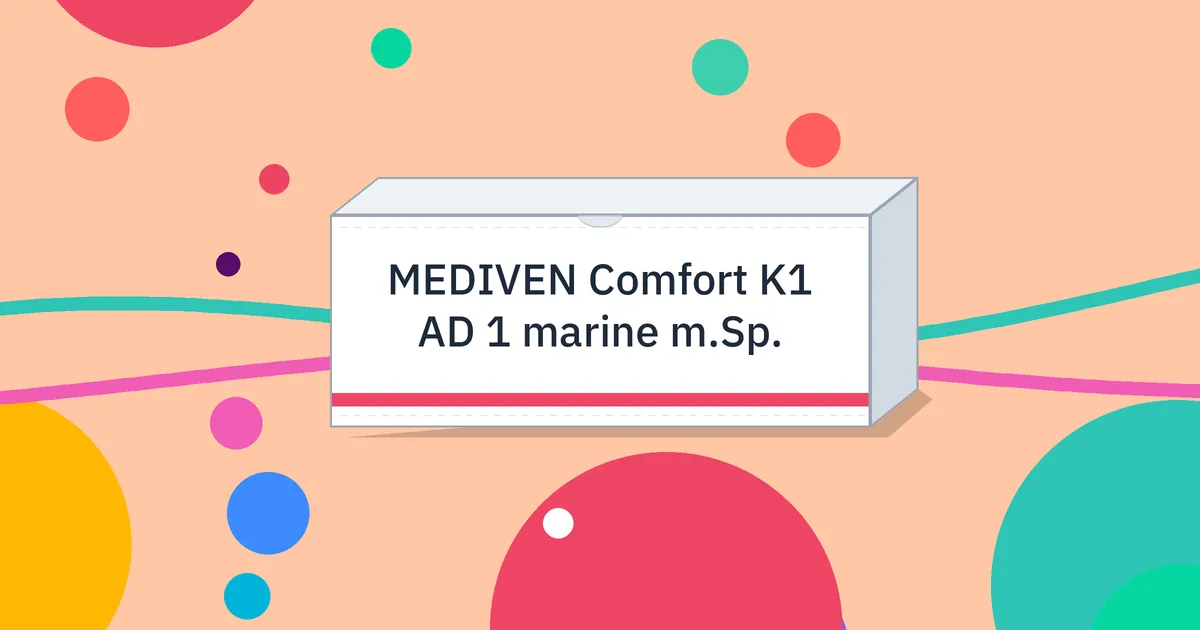 Symbolbild: Packung mit der Aufschrift MEDIVEN Comfort K1 AD 1 marine m.Sp. (PZN 14559685) – Verfügbarkeit und Bezug in Apotheken in Frankfurt am Main