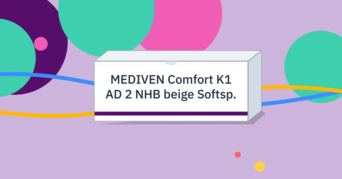 Symbolbild: Packung mit der Aufschrift MEDIVEN Comfort K1 AD 2 NHB beige Softsp. (PZN 14560777) – Verfügbarkeit und Bezug in Apotheken in Frankfurt am Main