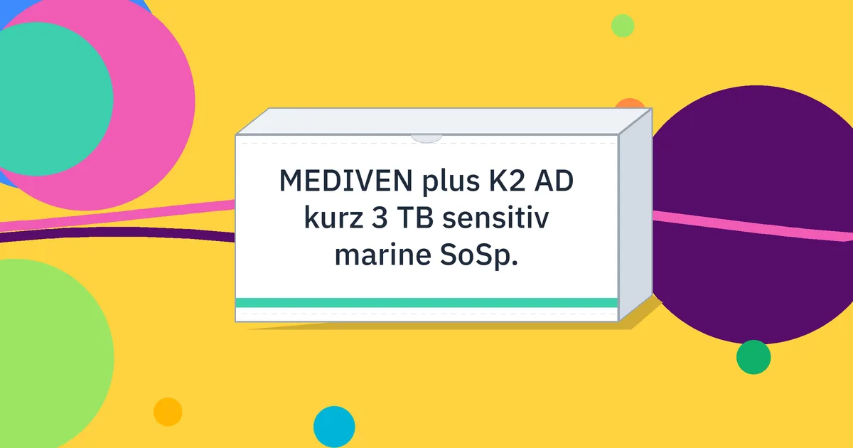 Symbolbild: Packung mit der Aufschrift MEDIVEN plus K2 AD kurz 3 TB sensitiv marine SoSp. (PZN 15105756) – Verfügbarkeit und Bezug in Apotheken in Frankfurt am Main