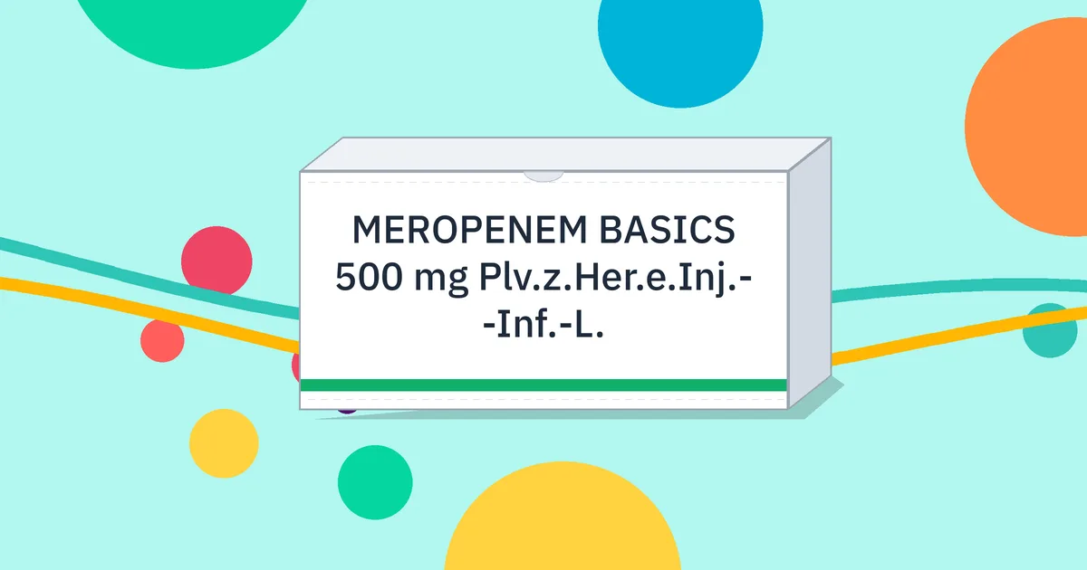Symbolbild: Packung mit der Aufschrift MEROPENEM BASICS 500 mg Plv.z.Her.e.Inj.--Inf.-L. (PZN 13245186) – Verfügbarkeit und Bezug in Apotheken in Frankfurt am Main