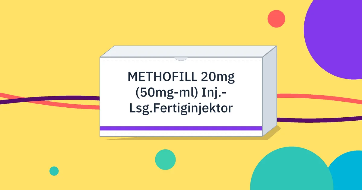 Symbolbild: Packung mit der Aufschrift METHOFILL 20mg (50mg-ml) Inj.-Lsg.Fertiginjektor (PZN 18660926) – Verfügbarkeit und Bezug in Apotheken in Frankfurt am Main