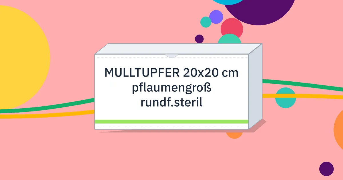 Symbolbild: Packung mit der Aufschrift MULLTUPFER 20x20 cm pflaumengroß rundf.steril (PZN 01364135) – Verfügbarkeit und Bezug in Apotheken in Frankfurt am Main