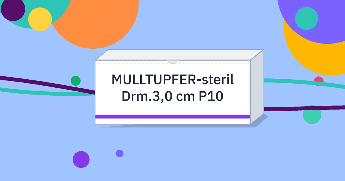 Symbolbild: Packung mit der Aufschrift MULLTUPFER-steril Drm.3,0 cm P10 (PZN 18307176) – Verfügbarkeit und Bezug in Apotheken in Frankfurt am Main