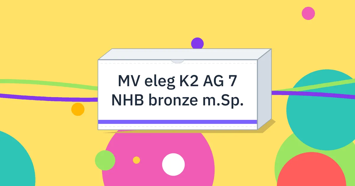 Symbolbild: Packung mit der Aufschrift MV eleg K2 AG 7 NHB bronze m.Sp. (PZN 15730684) – Verfügbarkeit und Bezug in Apotheken in Frankfurt am Main