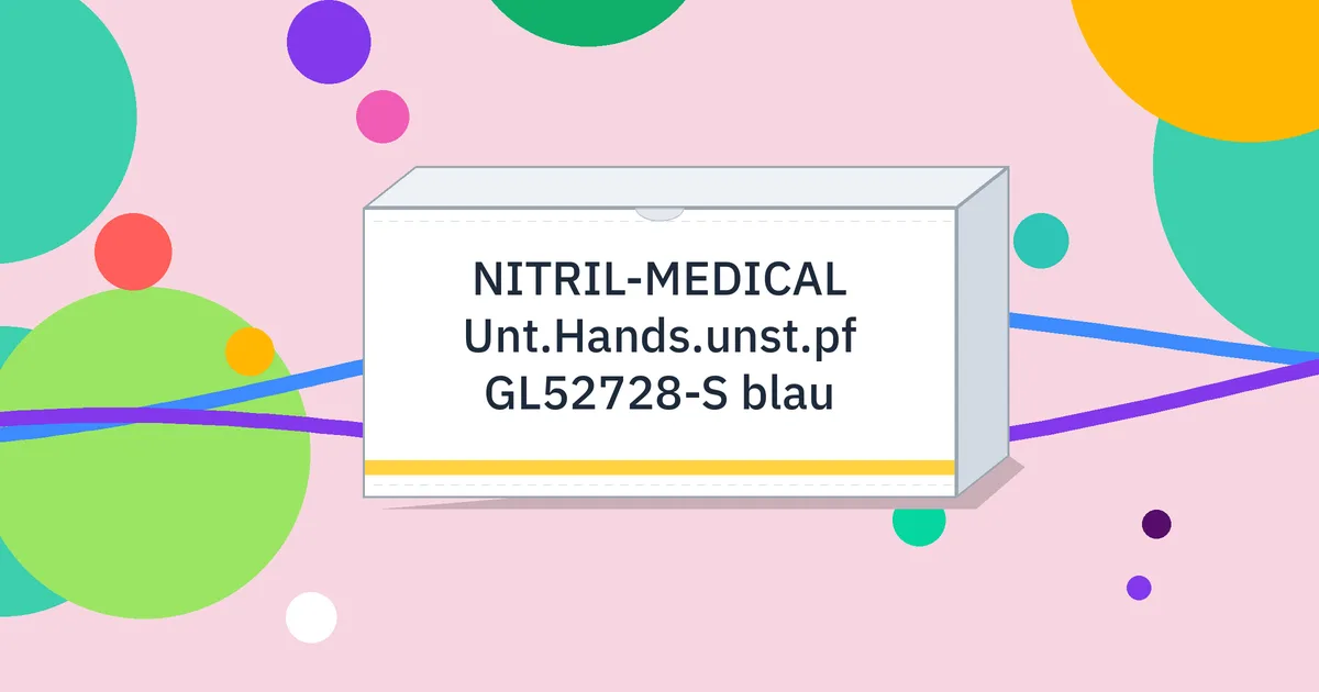 Symbolbild: Packung mit der Aufschrift NITRIL-MEDICAL Unt.Hands.unst.pf GL52728-S blau (PZN 18408322) – Verfügbarkeit und Bezug in Apotheken in Frankfurt am Main