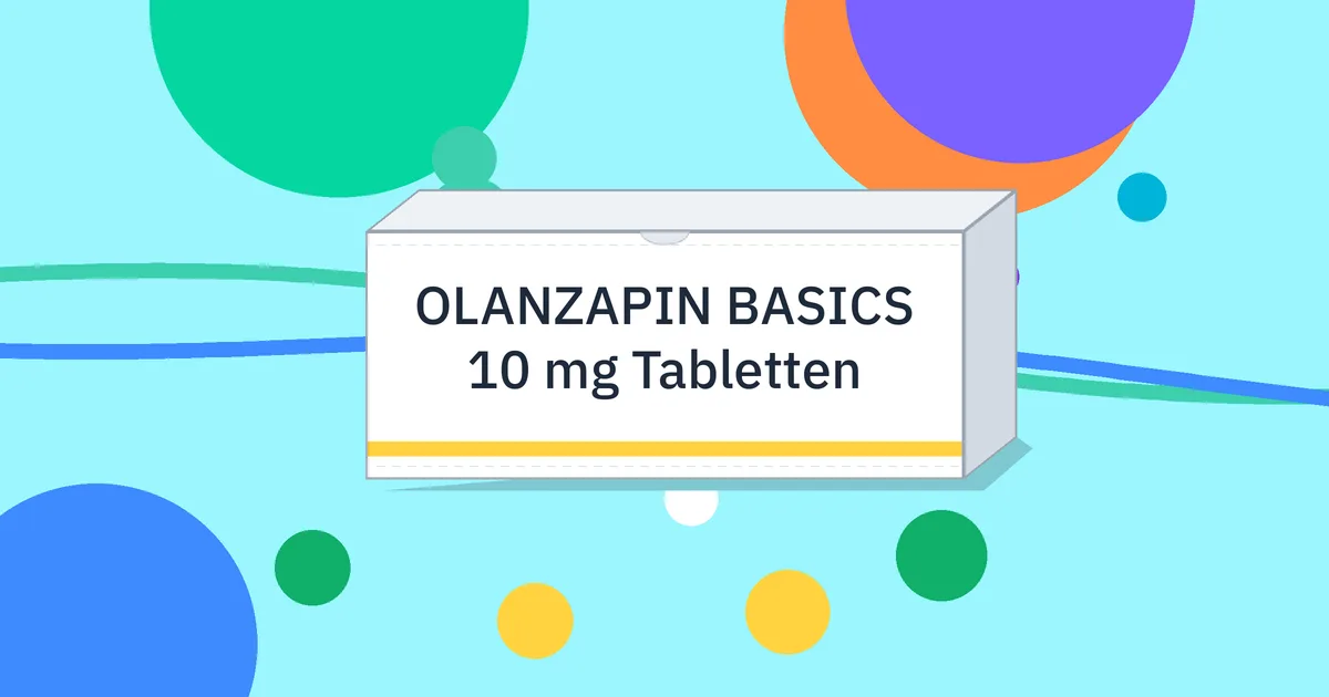 Symbolbild: Packung mit der Aufschrift OLANZAPIN BASICS 10 mg Tabletten (PZN 08468145) – Verfügbarkeit und Bezug in Apotheken in Frankfurt am Main