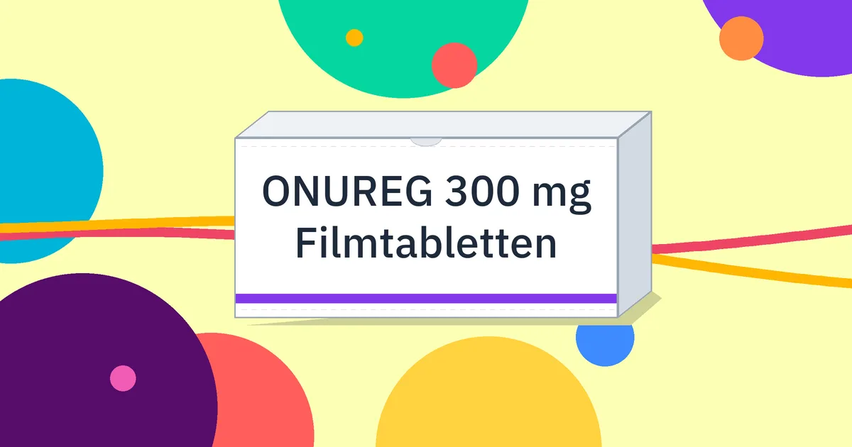 Symbolbild: Packung mit der Aufschrift ONUREG 300 mg Filmtabletten (PZN 19503979) – Verfügbarkeit und Bezug in Apotheken in Frankfurt am Main
