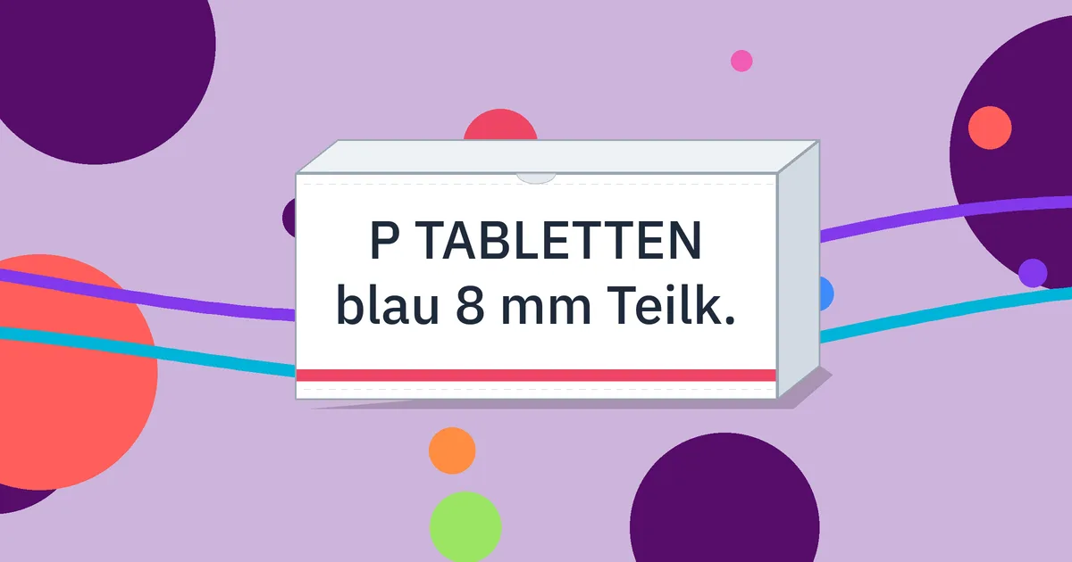 Symbolbild: Packung mit der Aufschrift P TABLETTEN blau 8 mm Teilk. (PZN 03935642) – Verfügbarkeit und Bezug in Apotheken in Frankfurt am Main