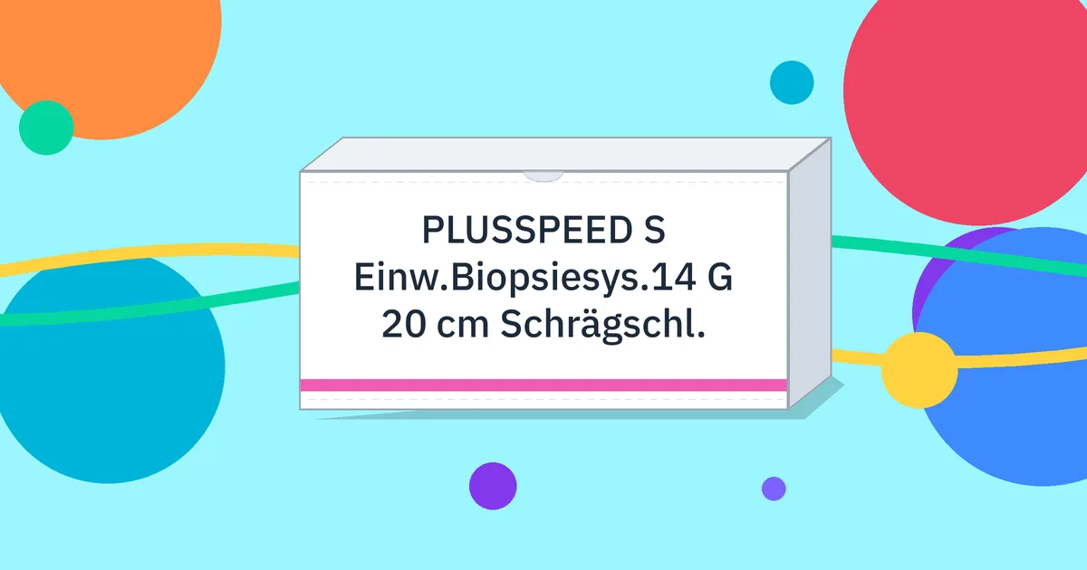 Symbolbild: Packung mit der Aufschrift PLUSSPEED S Einw.Biopsiesys.14 G 20 cm Schrägschl. (PZN 14258162) – Verfügbarkeit und Bezug in Apotheken in Frankfurt am Main