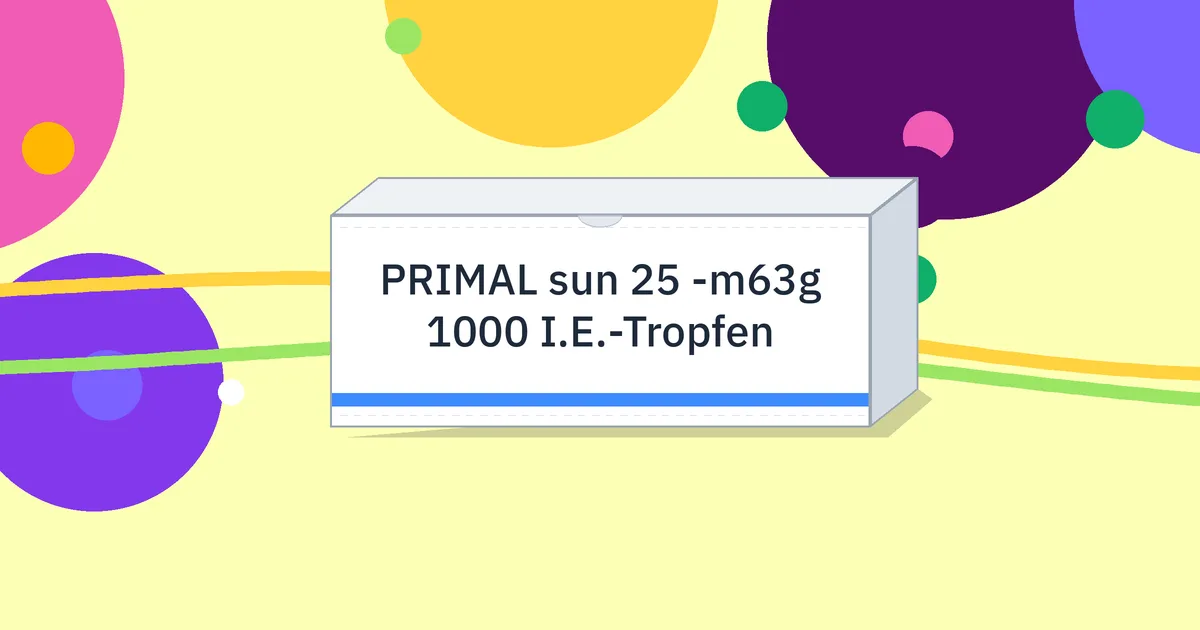 Symbolbild: Packung mit der Aufschrift PRIMAL sun 25 -m63g 1000 I.E.-Tropfen (PZN 16204532) – Verfügbarkeit und Bezug in Apotheken in Frankfurt am Main